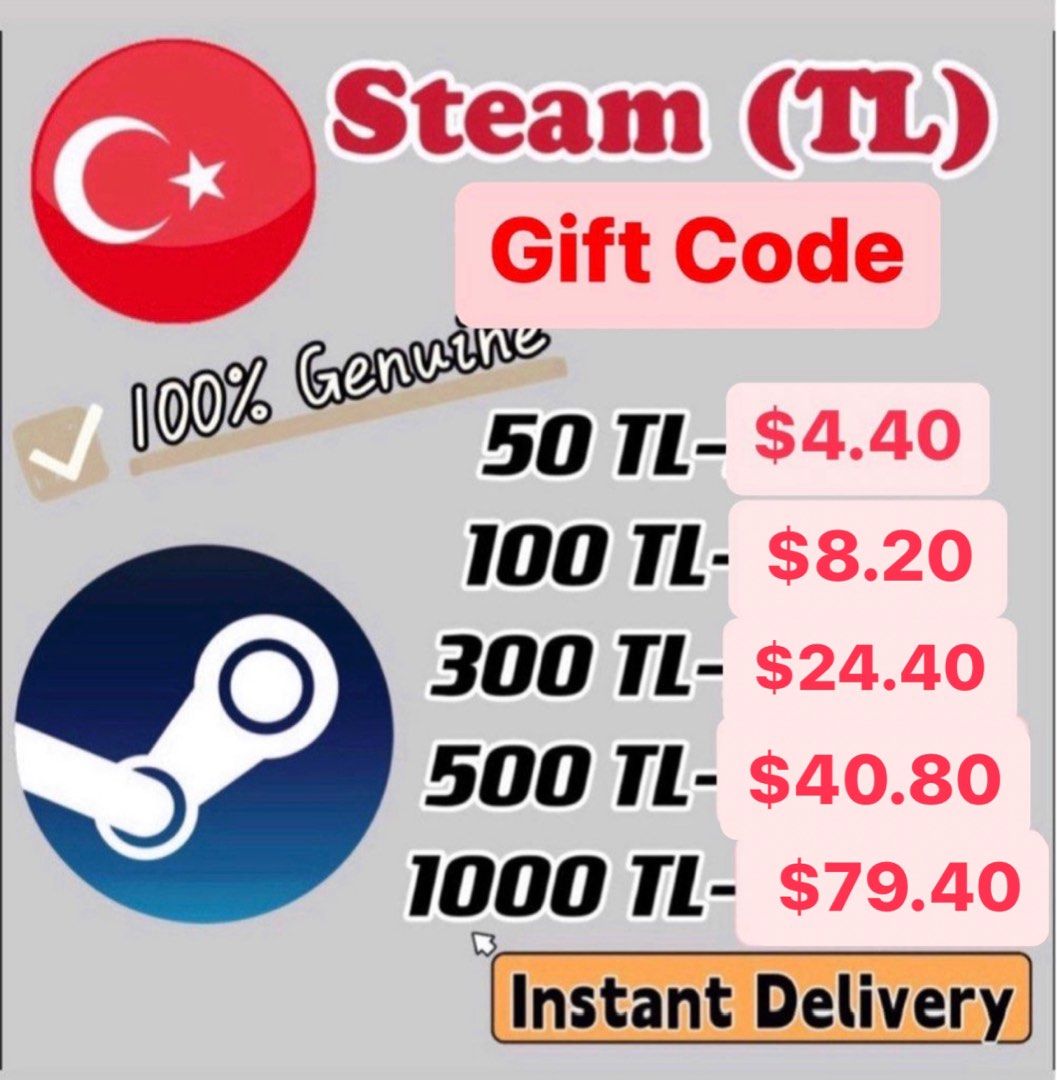 (CHEAPEST)(TURKEY) STEAM TL GIFTS CARD CODE/STEAM TL TOP UP VIA CODE ...