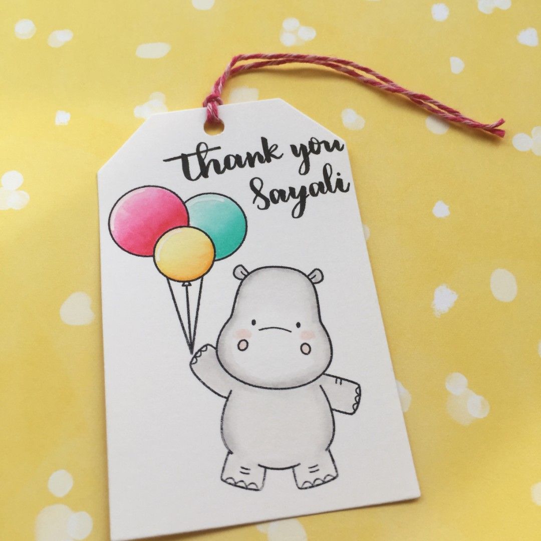 [Custom] Handmade thank you tag with cute hippo and balloons, Hobbies ...
