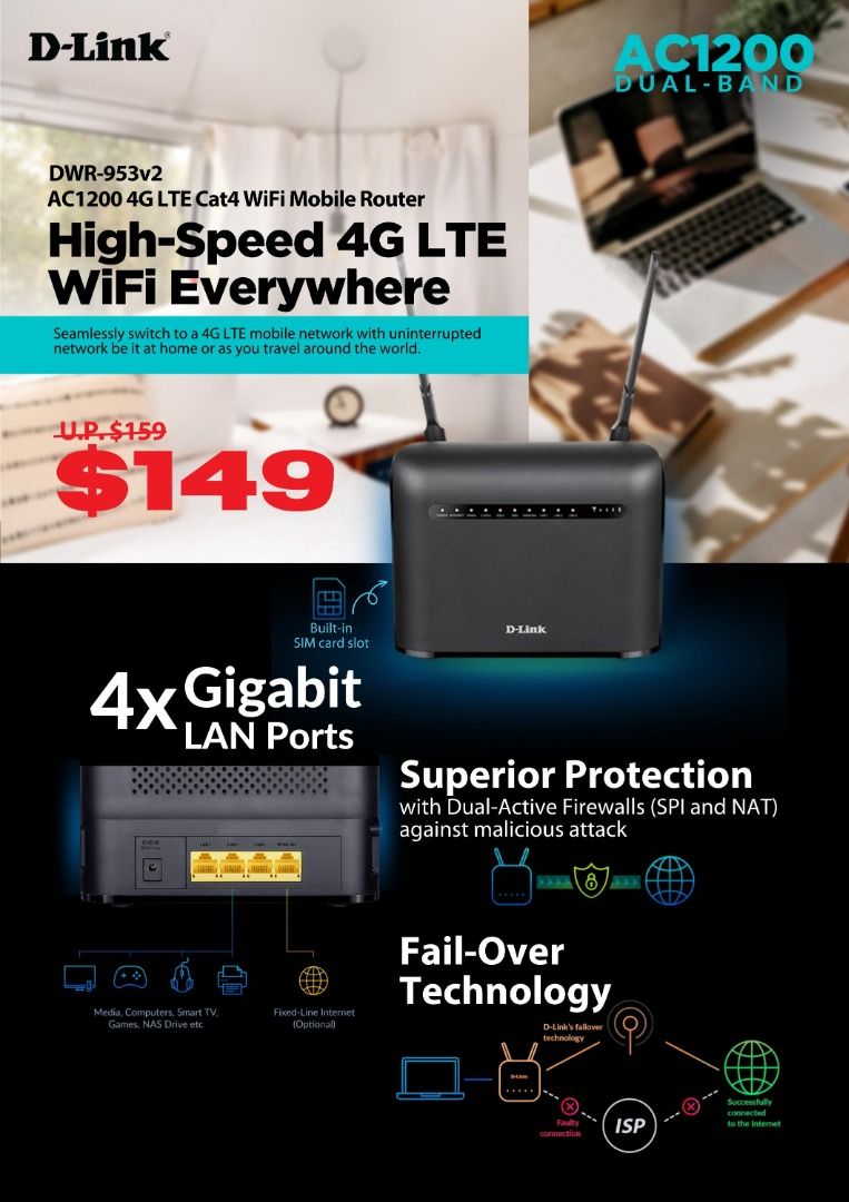 D-Link DWR-953V2 LTE Cat4 WiFi AC1200 Router, Computers & Tech, Parts & Accessories, Networking ...