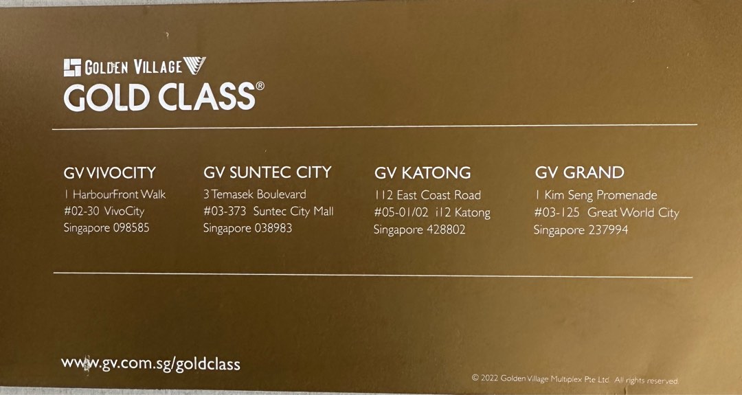 Golden Village Gold Class tickets, Tickets & Vouchers, Vouchers on ...