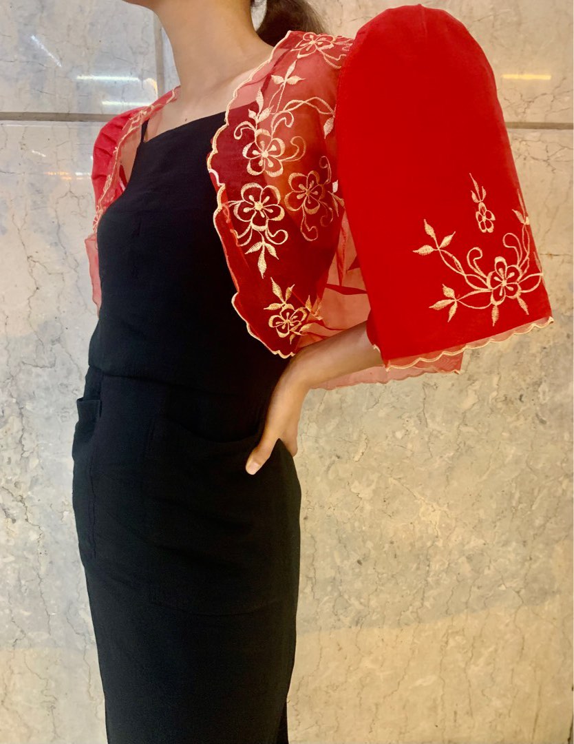 Modern Filipiniana Organza Bolero Burgundy Red on Carousell