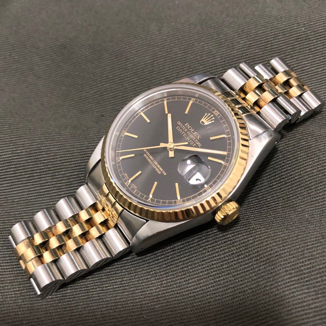 Rolex Ref. 16233 Datejust 36mm Half Gold Rare Gilt Black Dial Men Vintage Watch (Project Reborn ...