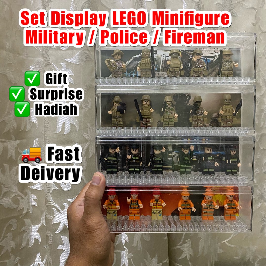 Set display lego minifigures fireman police army soldier military bomba ...
