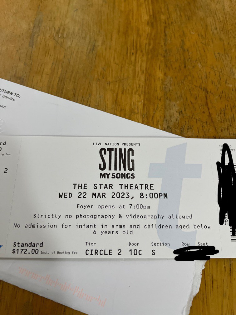 Sting My Songs concert ticket discounted, Tickets & Vouchers, Event ...