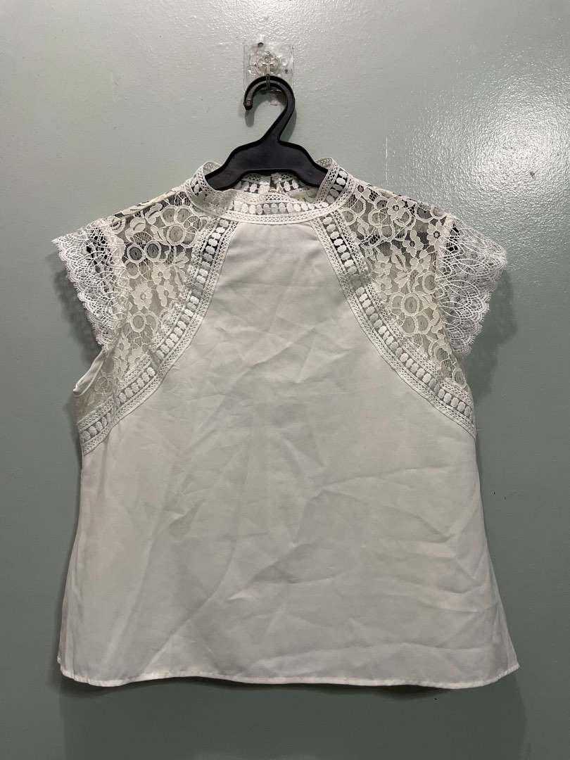 White Lace High Neck Office Top on Carousell