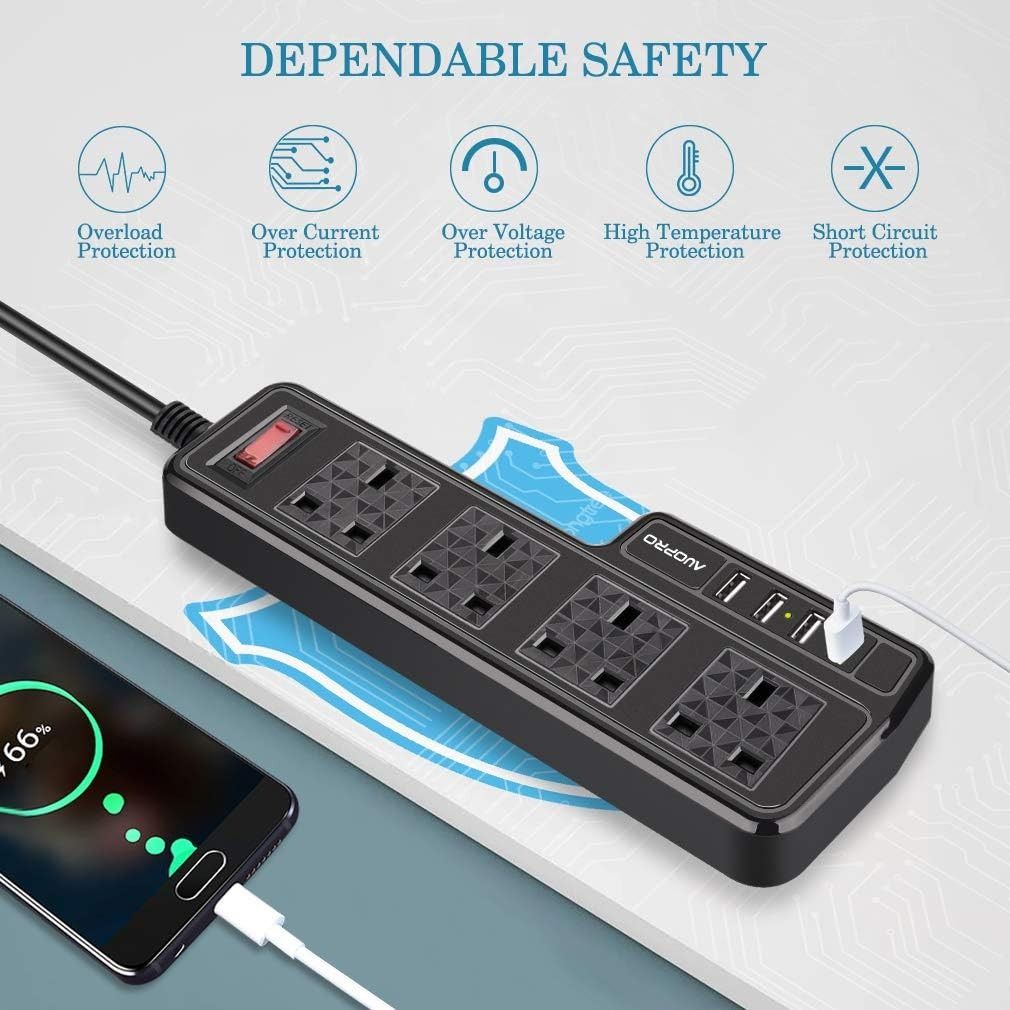 4 Way Extension Lead 5M, AUOPRO Multi Gang Power Strip with 4 USB ...