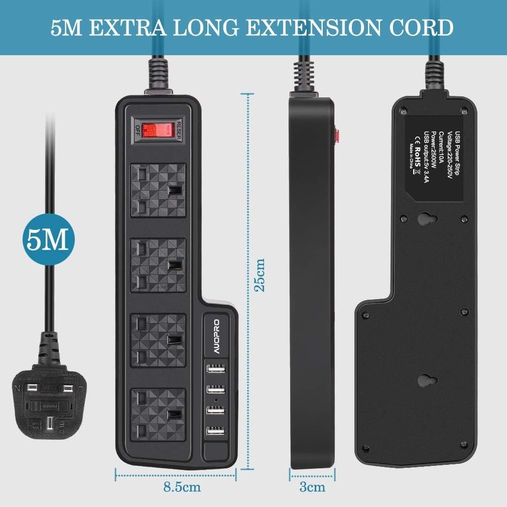 4 Way Extension Lead 5M, AUOPRO Multi Gang Power Strip with 4 USB ...
