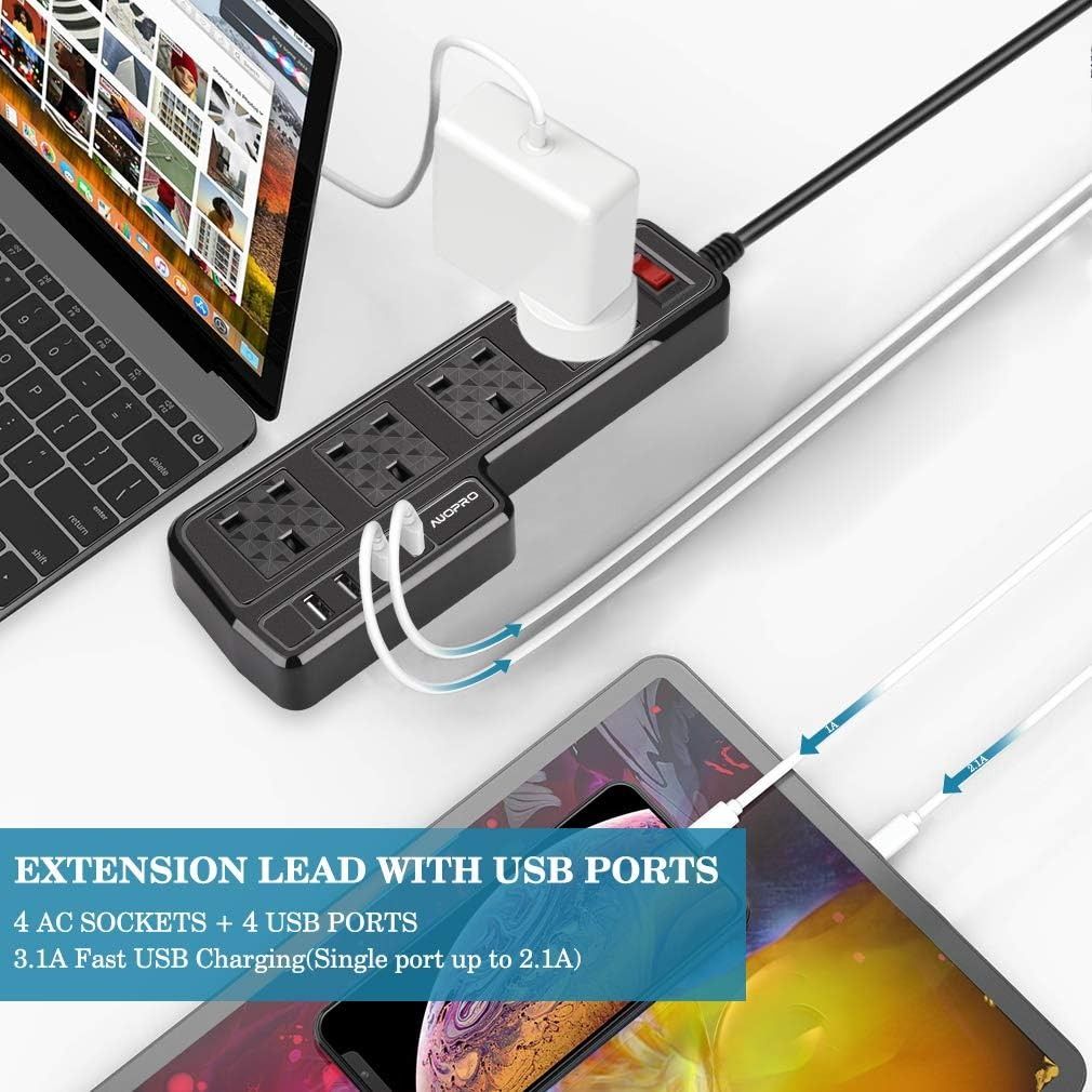 4 Way Extension Lead 5M, AUOPRO Multi Gang Power Strip with 4 USB ...