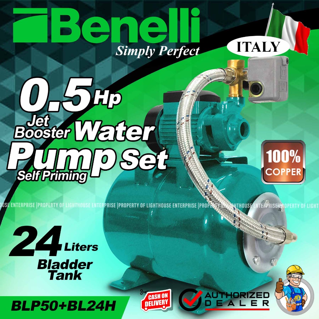 BENELLI 0.5HP 370W Self Priming Jet Booster Water Pump and 24L Capacity Horizontal Bladder Tank ...