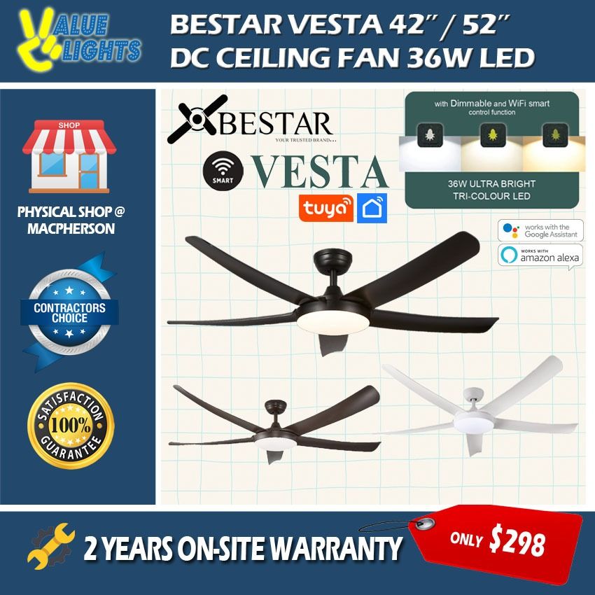 Bestar Vesta 42" / 52" Smart DC Ceiling Fan with Ultra Bright 36W Dimmable Tri-Colour LED Light ...