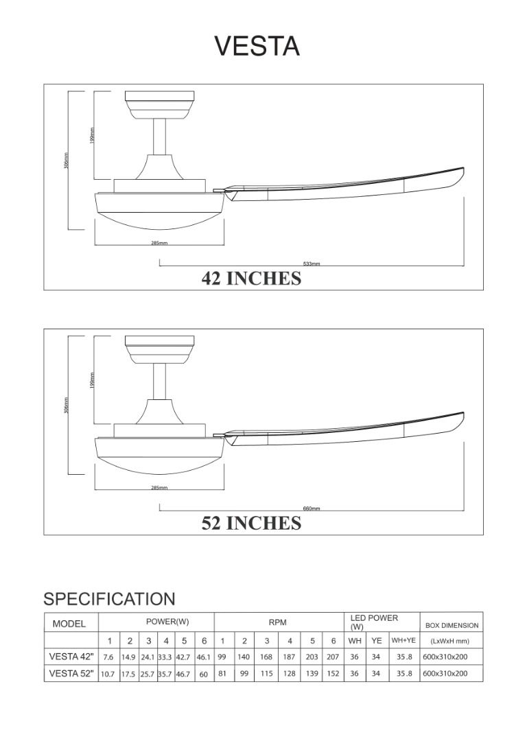 Bestar Vesta 42" / 52" Smart DC Ceiling Fan with Ultra Bright 36W Dimmable Tri-Colour LED Light ...