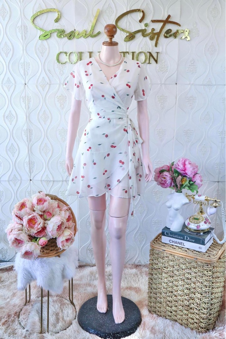 Cherry Wrap dress Dainty Picnic Fairy Coquette, Women's Fashion ...