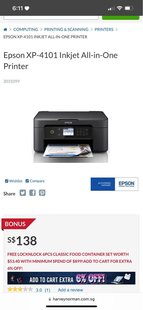 Epson XP-4101 Inkjet All-in-One Printer, Computers & Tech, Printers ...