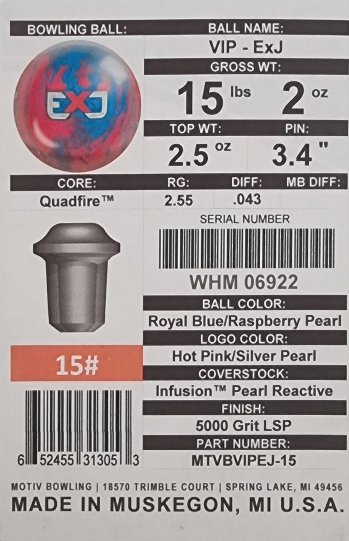 ExJ VIP Motiv Bowling Ball 15lbs, Sports Equipment, Sports & Games ...