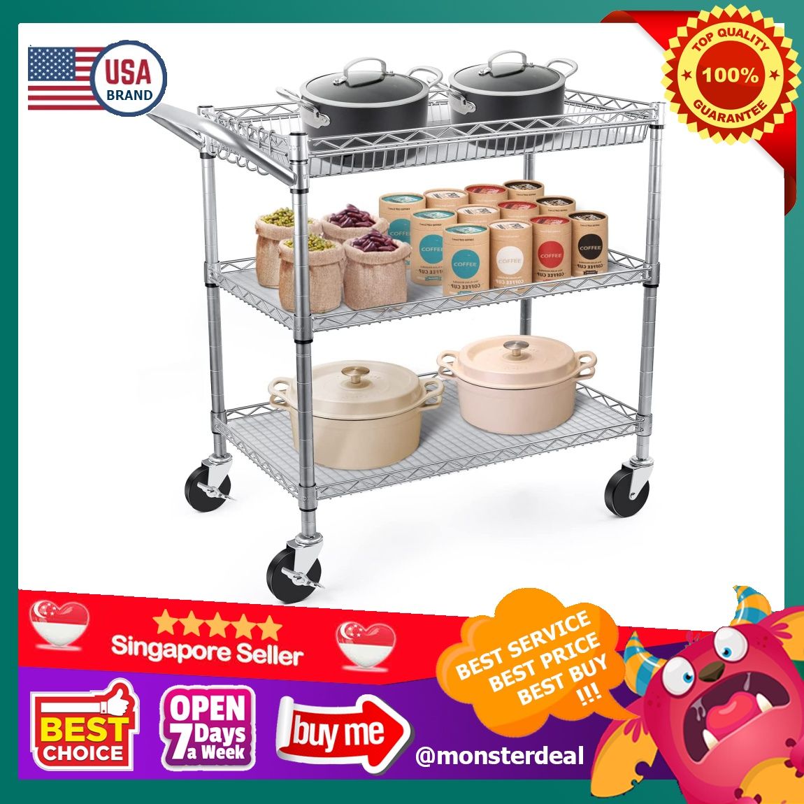 Heavy Duty 3 Tier Rolling Utility Cart, Kitchen Metal Utility Cart with ...