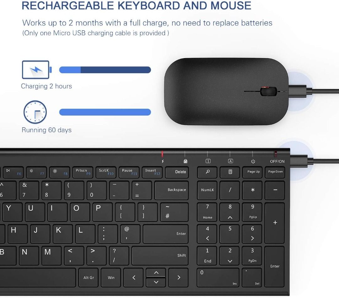Rechargeable Wireless Keyboard Mouse, Seenda Slim Thin Keyboard and ...