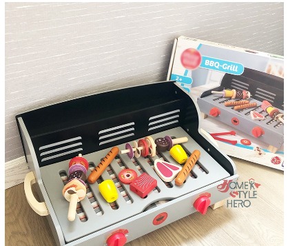 Wooden Toy Barbeque Grill Kitchen Playset BBQ Cook and Play Food ...