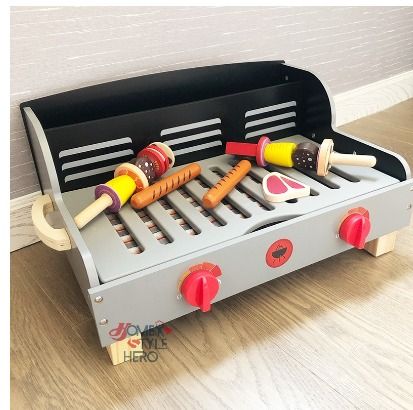 Wooden Toy Barbeque Grill Kitchen Playset BBQ Cook and Play Food ...