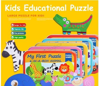 6-in-a-box Cute Cartoon Wooden Jigsaw Puzzle Tin Box Kids Educational ...