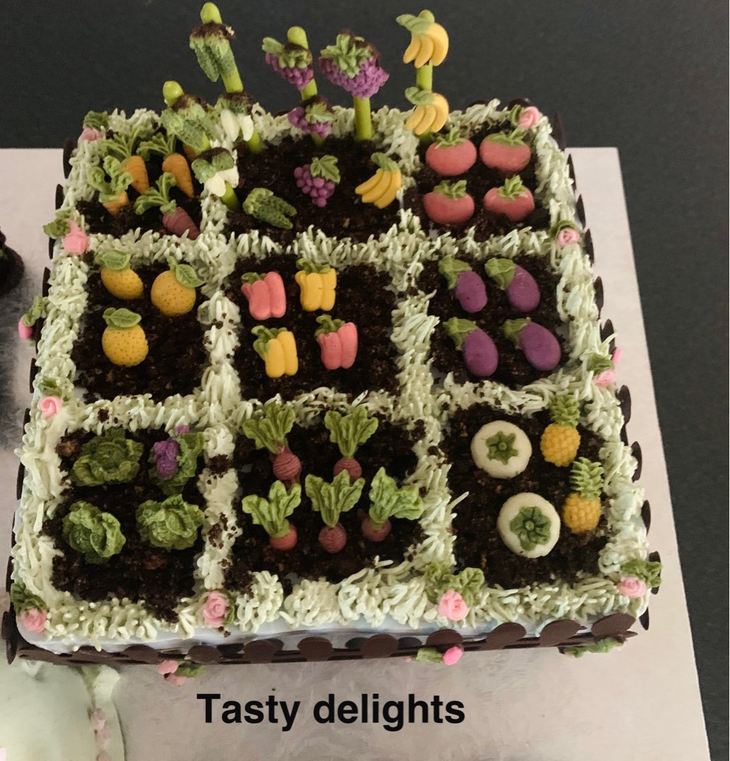 Butterscotch cake,garden theme cake,square shape cake,customised cake ...