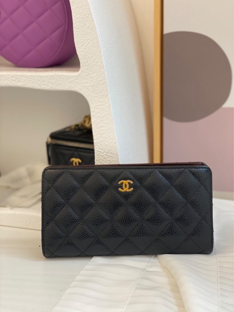 Chanel long flip wallet caviar leather black with gold hardware, Luxury ...