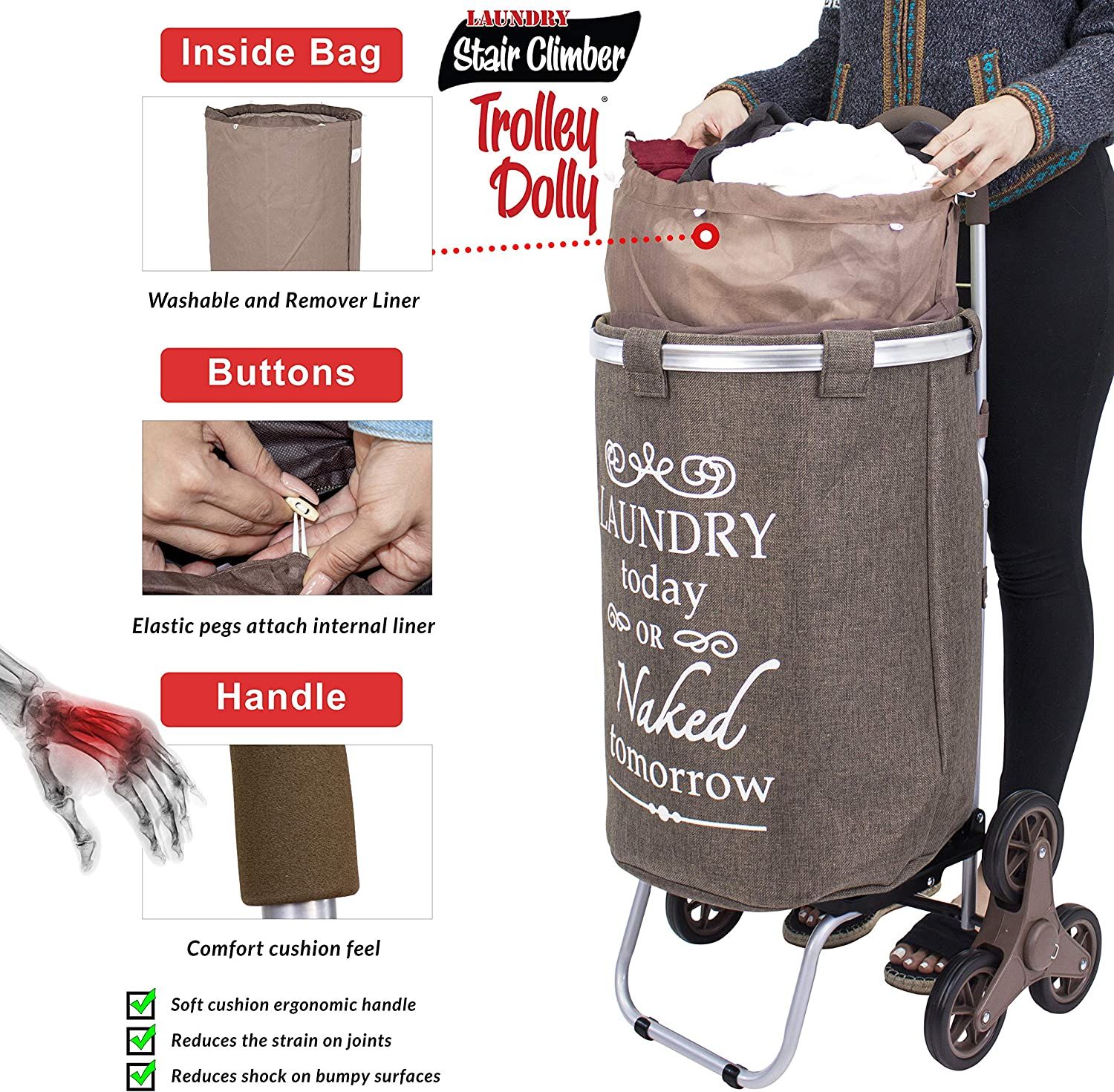 dbest products Stair Climber Laundry Trolley Dolly, Brown Laundry Bag ...