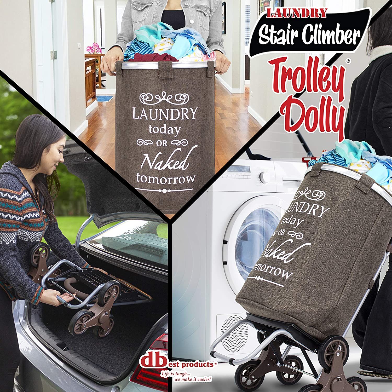 dbest products Stair Climber Laundry Trolley Dolly, Brown Laundry Bag ...