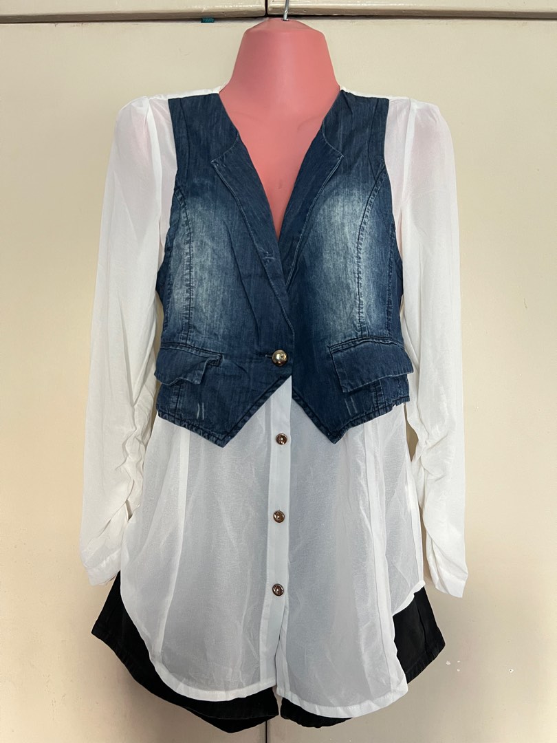 Denim x see through blouse, Women's Fashion, Tops, Blouses on Carousell
