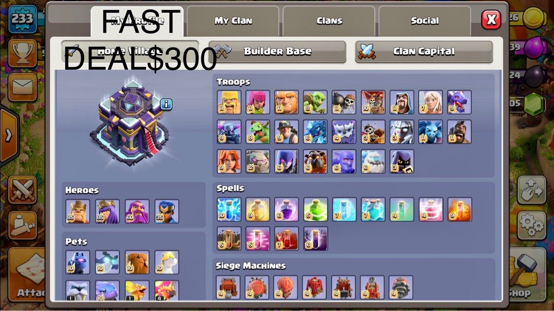 Fast deal @$300 with 15k gem fully maxed hero all new pet unlock clash ...