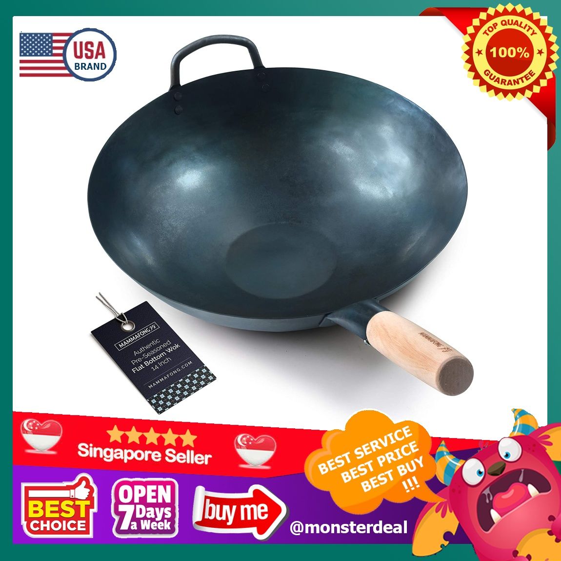 Mammafong Pre Seasoned Blue Carbon Steel Flat Bottom Wok -14 Inch ...