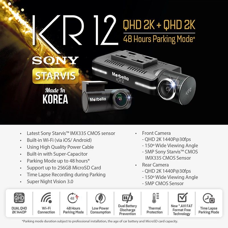 New! Marbella KR12 2k Qhd 2 Channel Camera Dash Camera / Car Camera |Made in Korea |Inclusive of ...