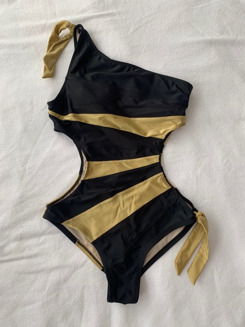 One-piece / Open sides / One shoulder off Swimsuit (Black and Gold) on ...