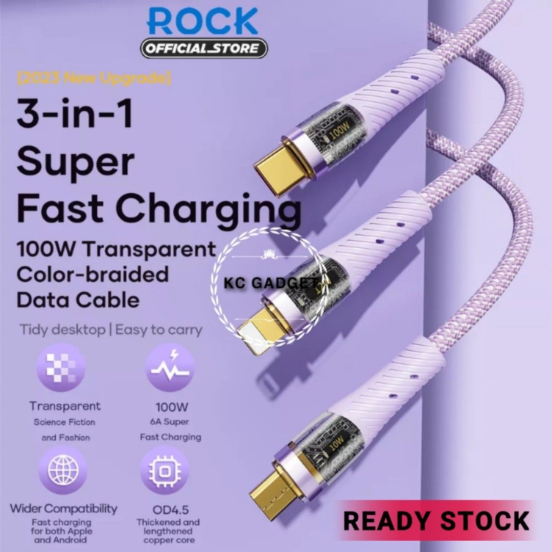 ROCK SPACE G20 TRANSPARENT 100W FAST CHARGE CABLE MIRCO / TYPE C / LIGHTING, Mobile Phones ...