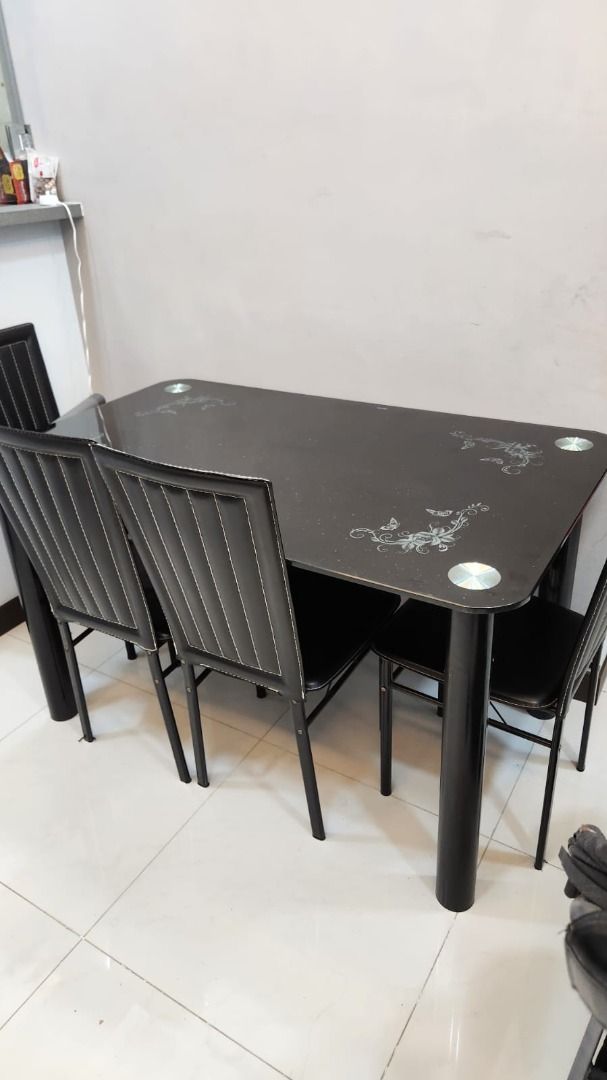Sophisticated Black Shiny Glass Dining Table Set with 4 Chairs ...