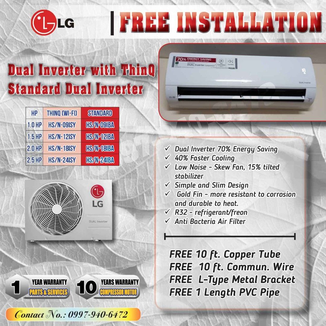 SPLIT TYPE!!! LG DUAL INVERTER WITH FREE INSTALLATION, TV & Home Appliances, Air Conditioning ...