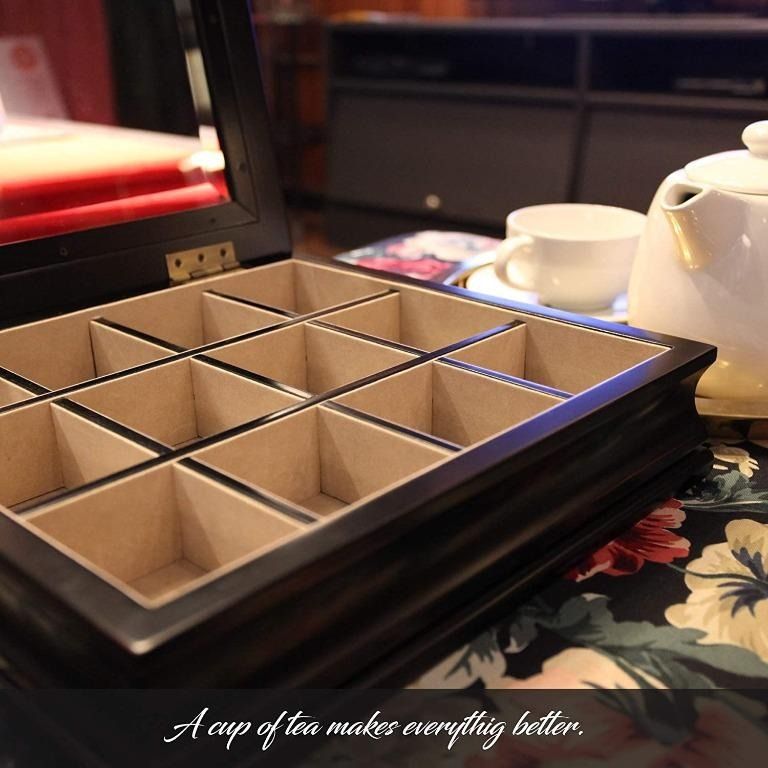 [YBR] Premium Tea Chest Large Storage Tea Bag Box Wooden with Beveled ...
