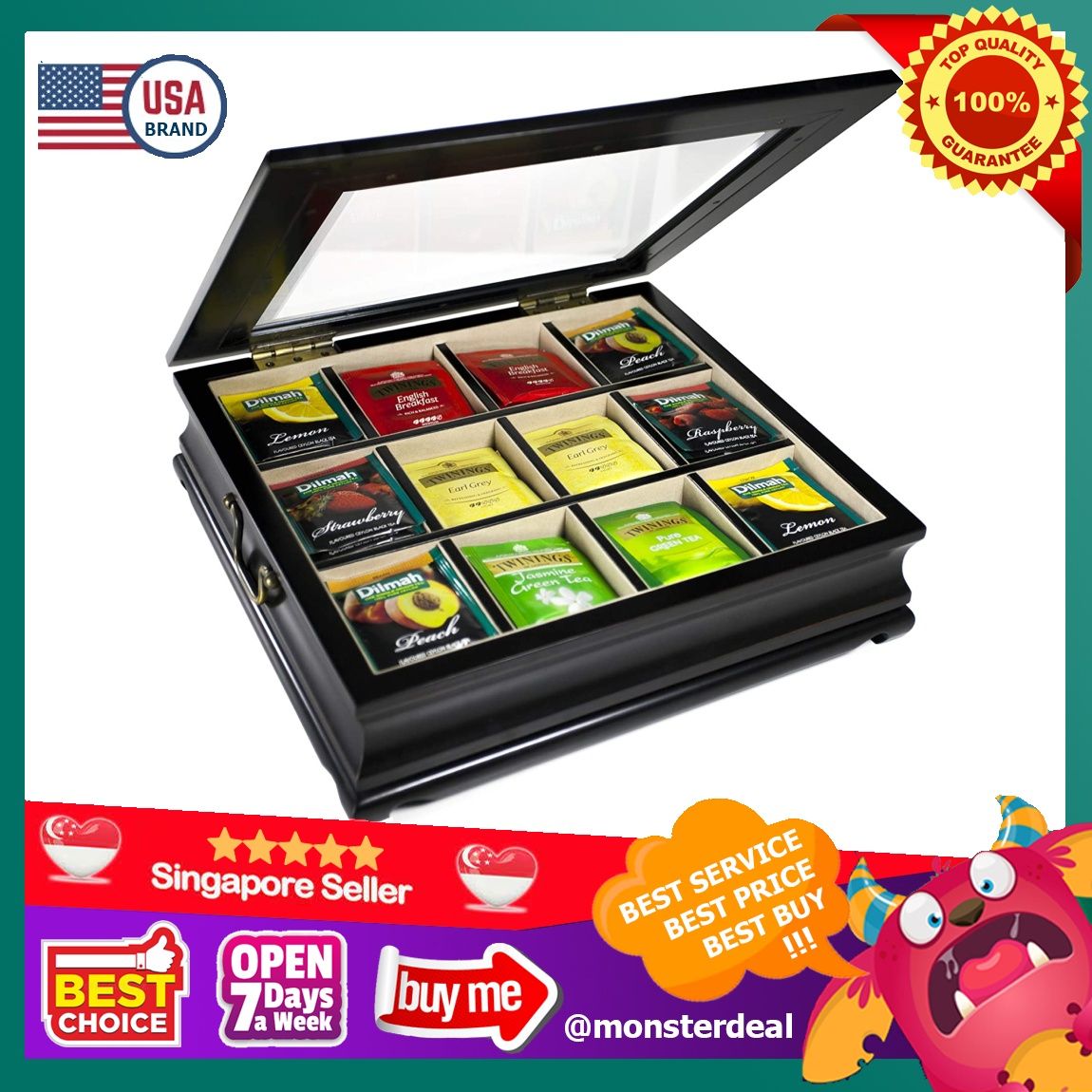 [YBR] Premium Tea Chest Large Storage Tea Bag Box Wooden with Beveled ...