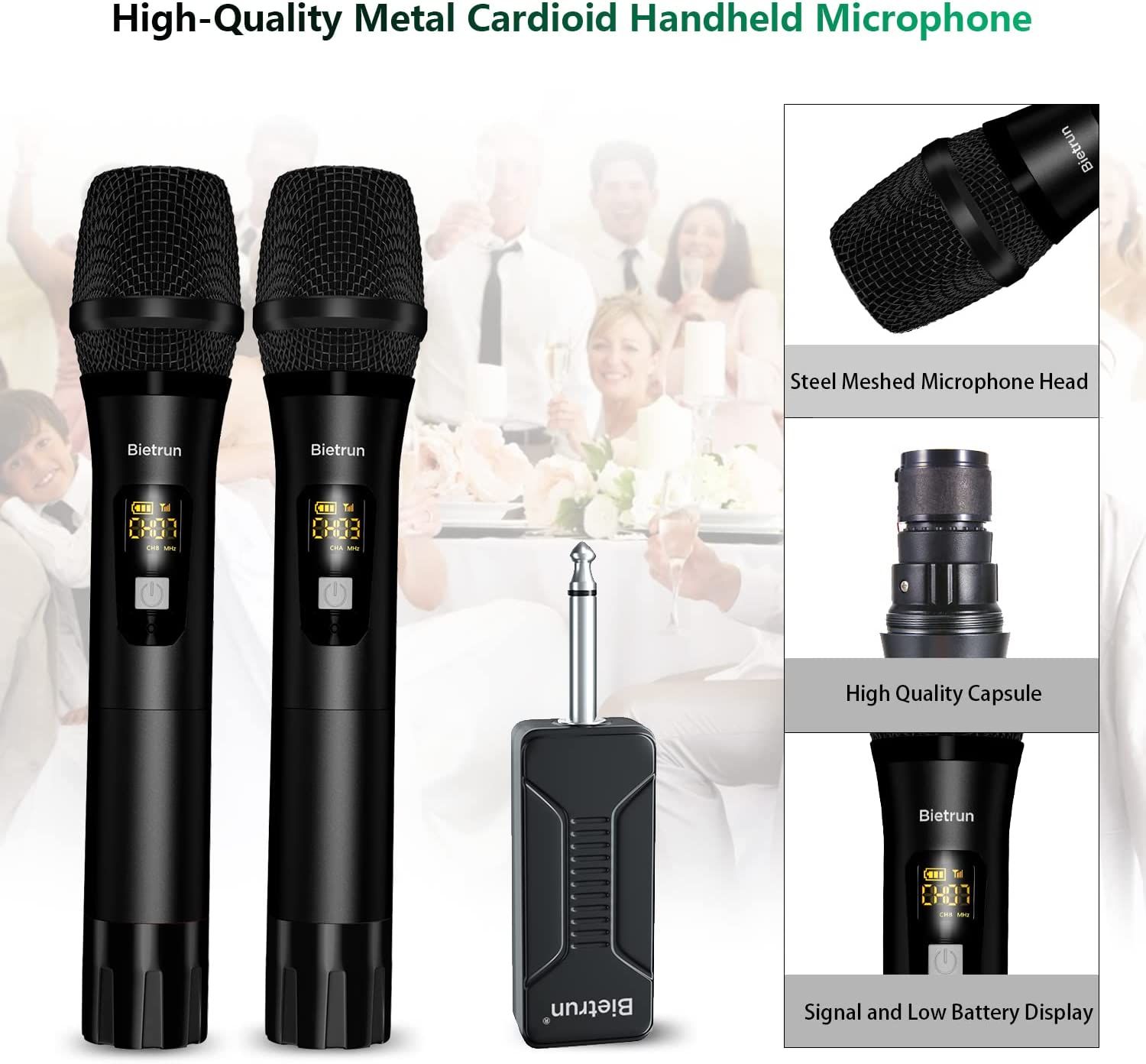 Bietrun Wireless Microphone, 160 ft Range, UHF Metal Dual Handheld ...