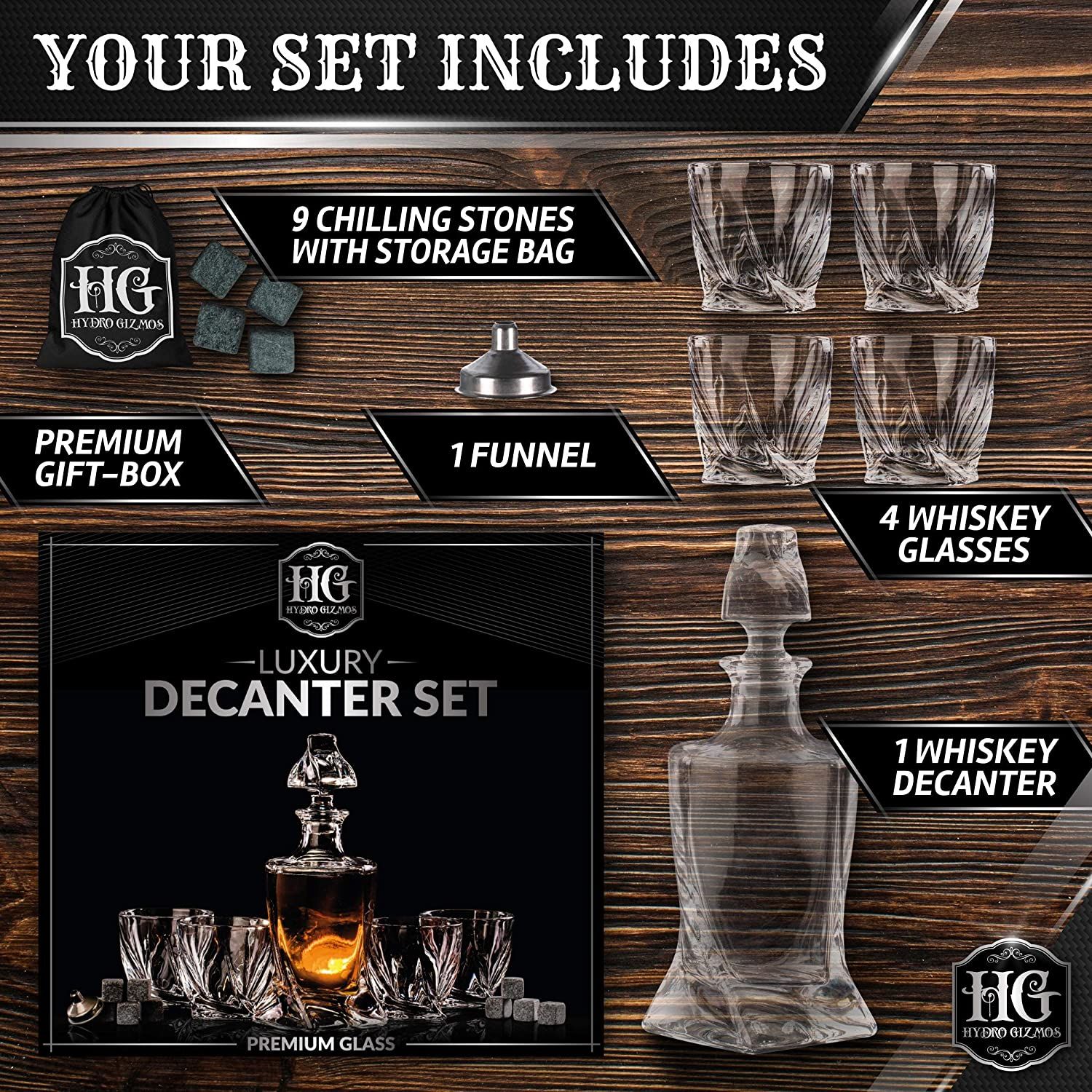 Premium Glass Decanter Set, Whiskey Decanter Set 4 Liquor Glasses, Mens ...