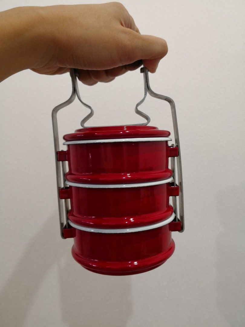 Rare Red Tiffin Carrier 3-tier Lunch Box Enamel Rare Red Tiffin Carrier ...
