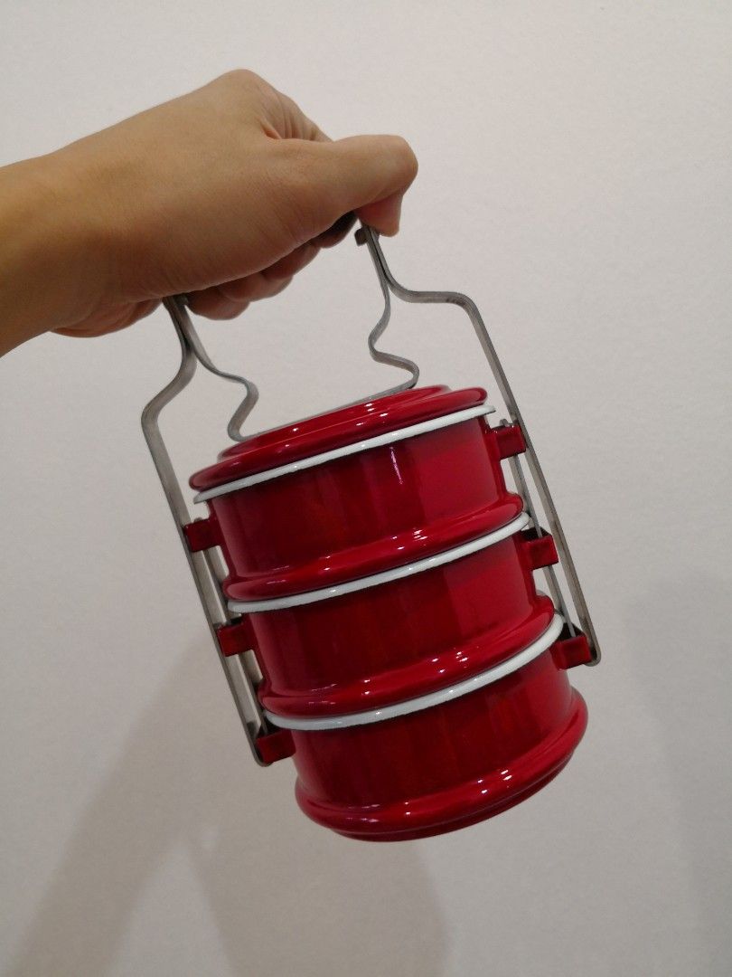 Rare Red Tiffin Carrier 3-tier Lunch Box Enamel Rare Red Tiffin Carrier ...