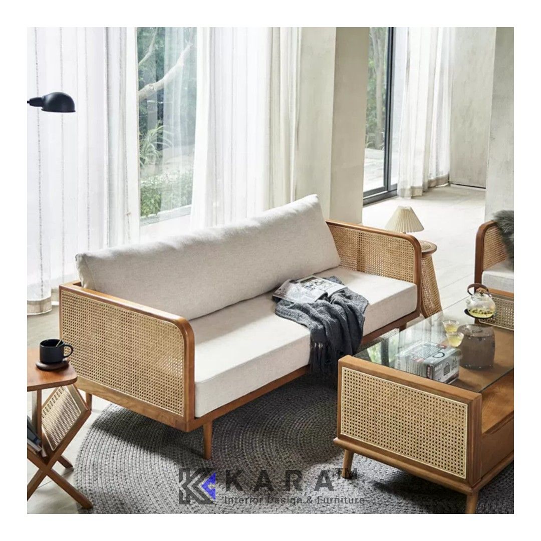 Sofa Set 3+2 Seater + Meja Kayu Jati Kombinasi Anyaman Rotan / Sofa ...