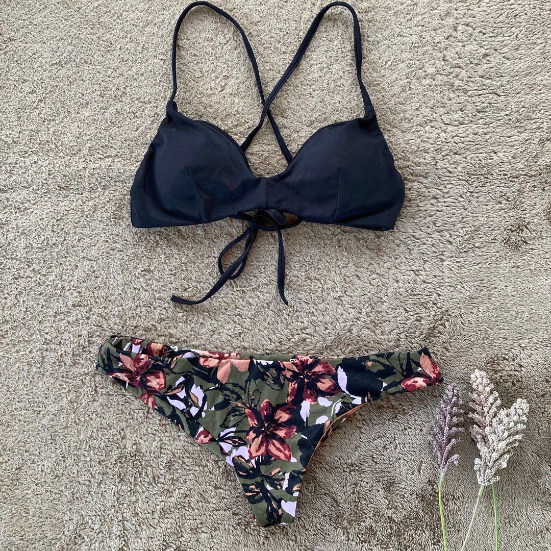 SUPER SALE! RVCA Solid Cross Back bikini top and roni floral bikini bottom with free rashguard ...
