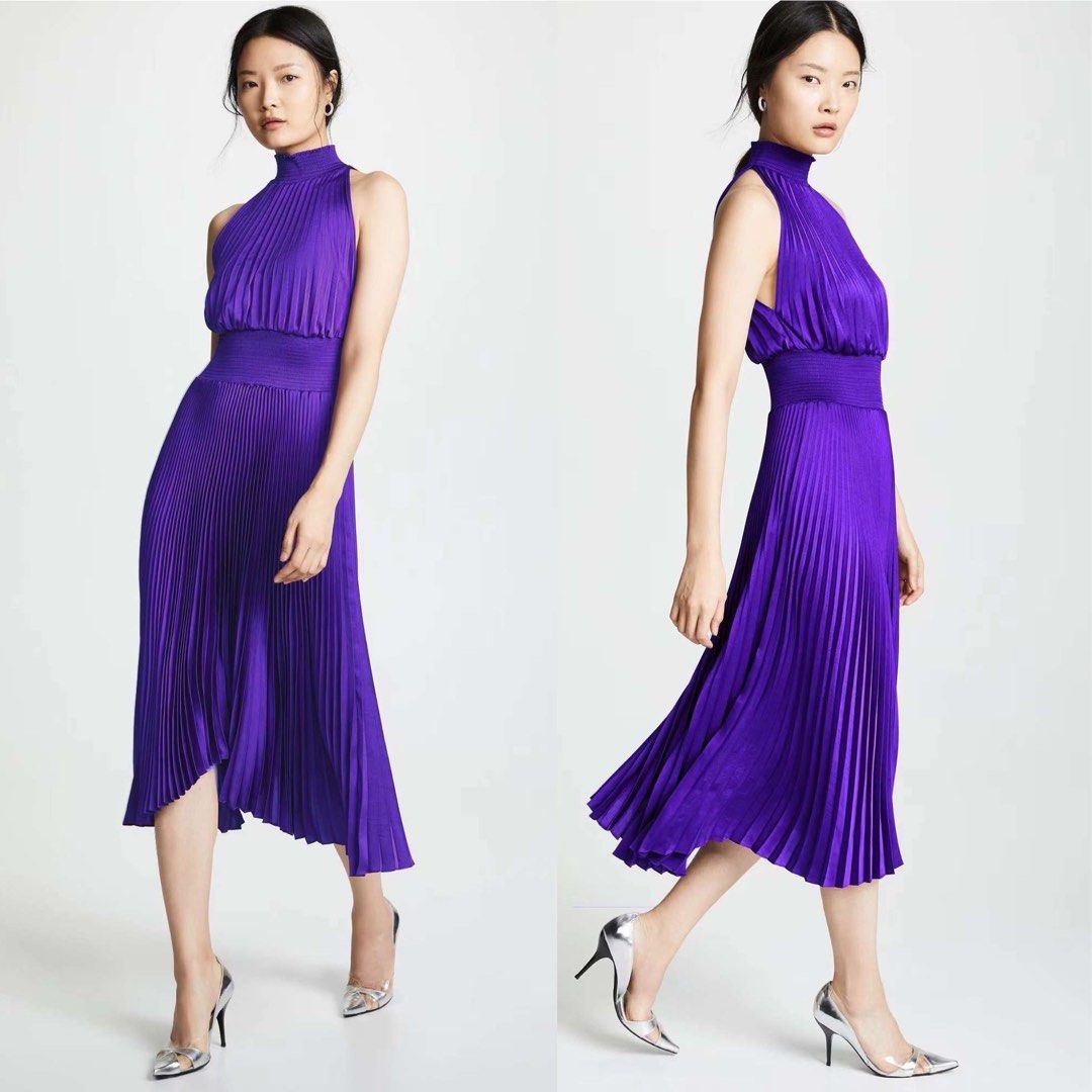 ALC Renzo Pleated Halter Midi Dress in Black Floral, Purple, Cerulean ...