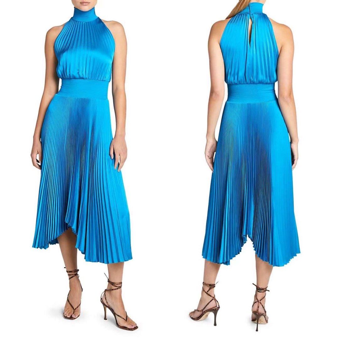 ALC Renzo Pleated Halter Midi Dress in Black Floral, Purple, Cerulean ...