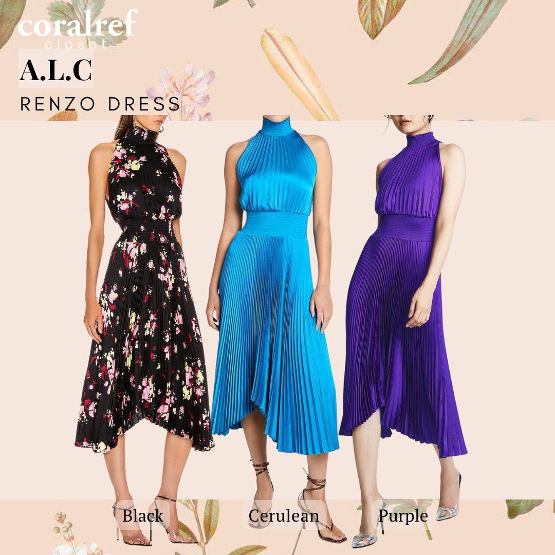 ALC Renzo Pleated Halter Midi Dress in Black Floral, Purple, Cerulean ...