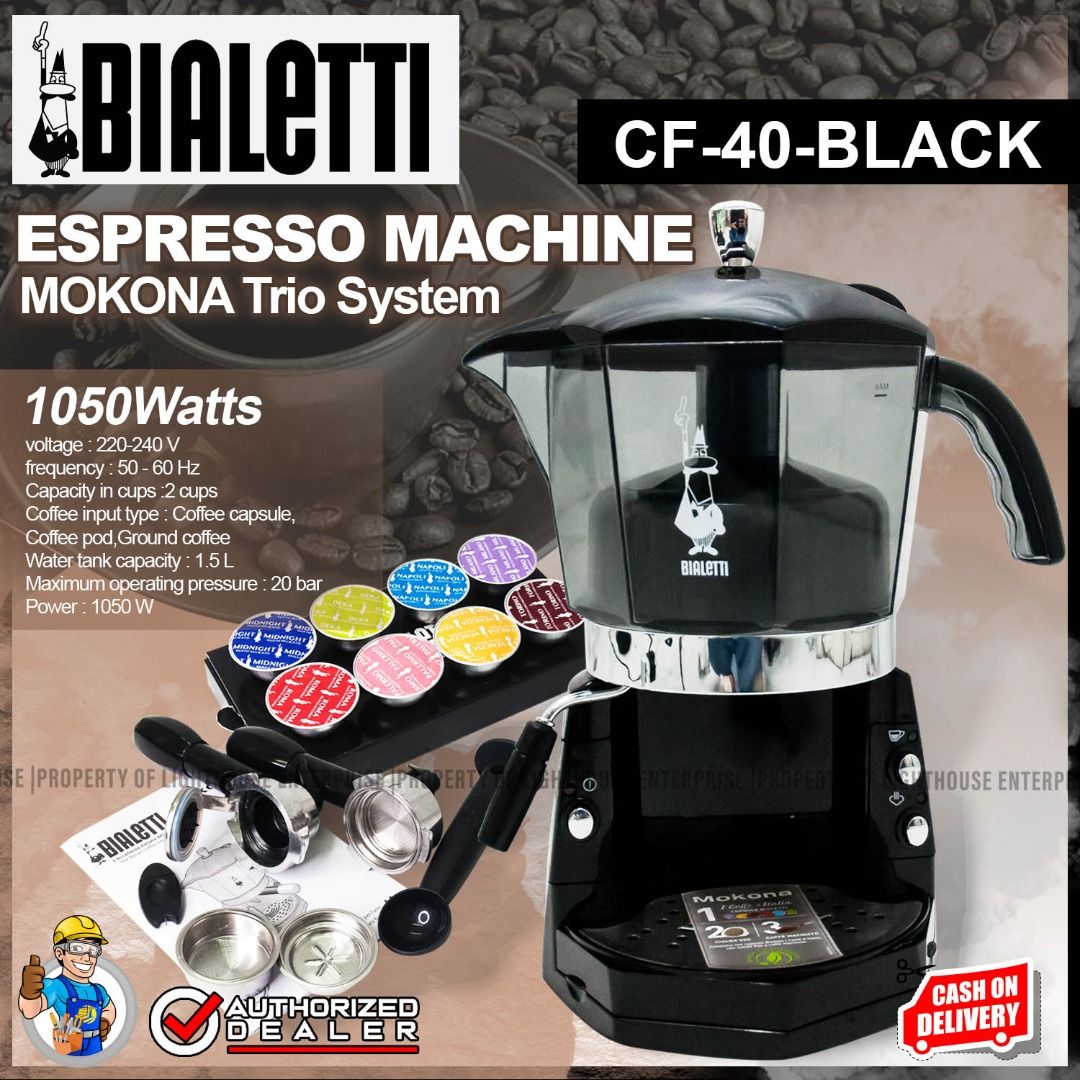 BIALETTI 1050W 3in1 Pods/Ground/Frother Steamer Kit Espresso Mokona Espresso Machine (CF40-Black ...