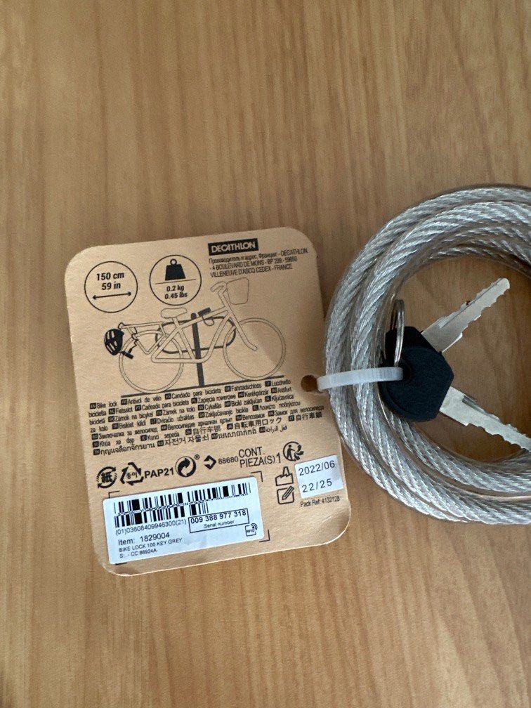 Bike Lock Elops 100 Cable Key - Grey, Sports Equipment, Bicycles ...
