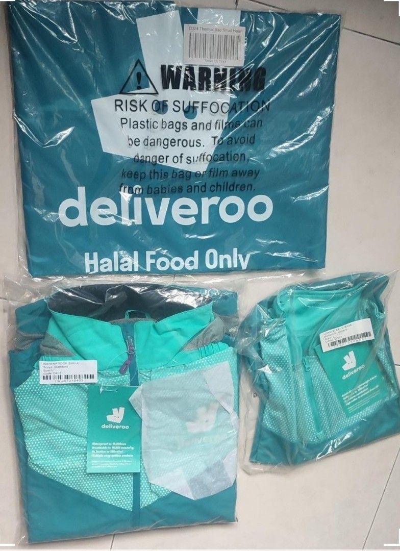 Deliveroo Rider bag with rainjacket, halal bag, and top, Men's Fashion ...