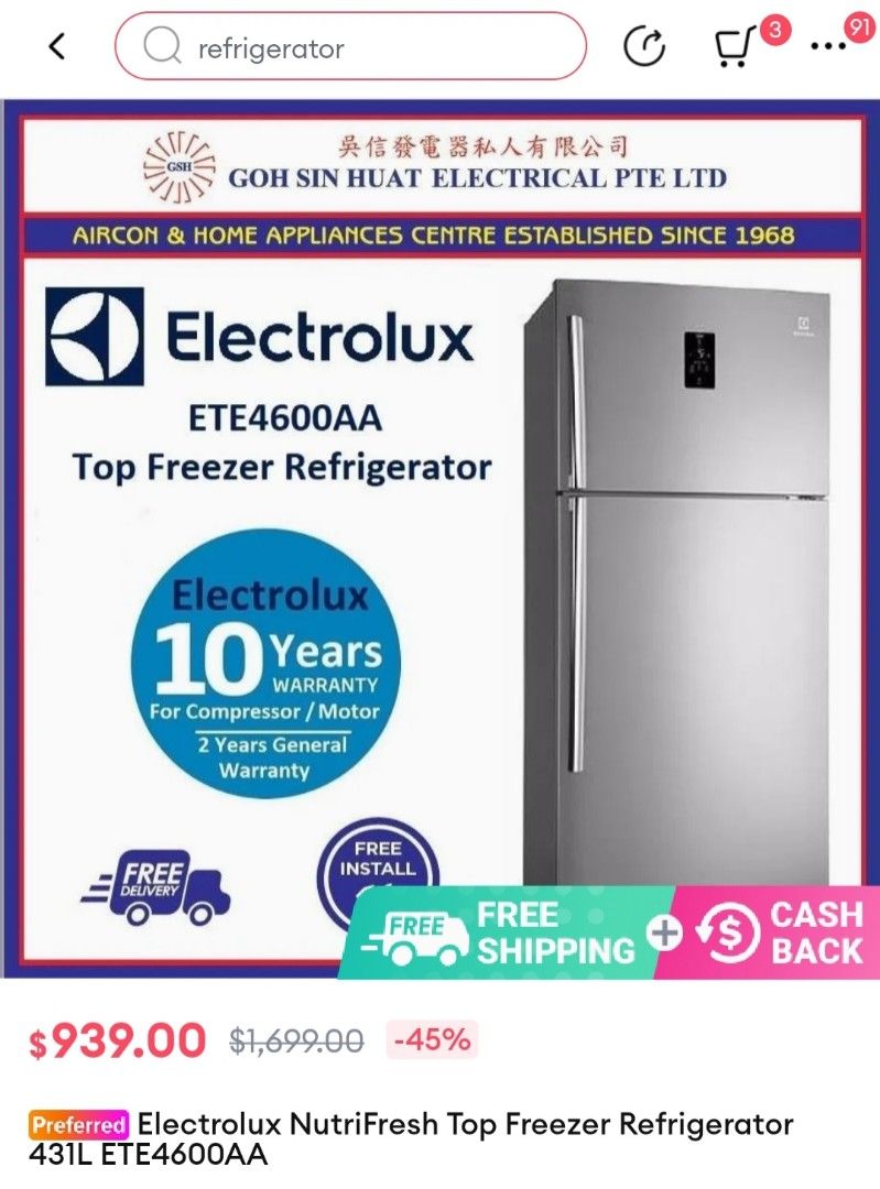 Electrolux Refrigerator Fridge, TV & Home Appliances, Kitchen Appliances, Refrigerators ...